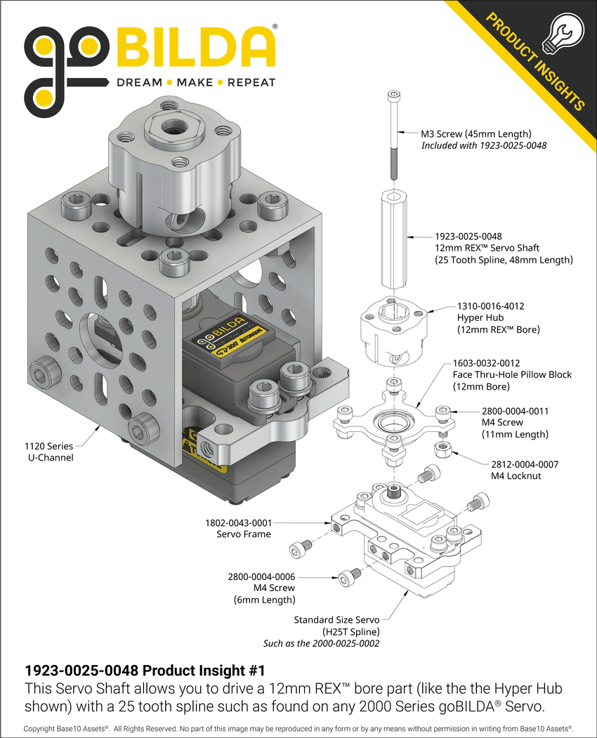 12mm Rex™ Servo Shaft 25 Tooth Spline 48mm Length Gobilda®